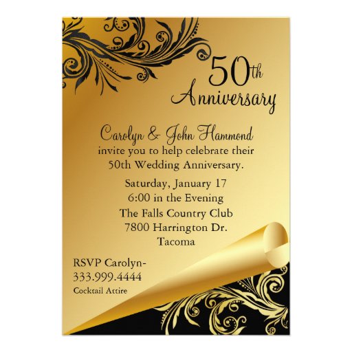 Black Gold 50th Wedding Anniversary Invitation 5 X 7 Invitation 