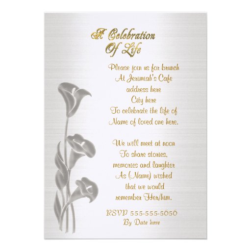 Celebration Of Life Invitation Calla Lilies 5 X 7 Invitation Card 