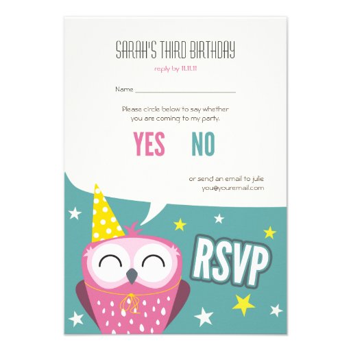 Claudette The Owl Kids Birthday Party RSVP 3 5 X 5 Invitation Card