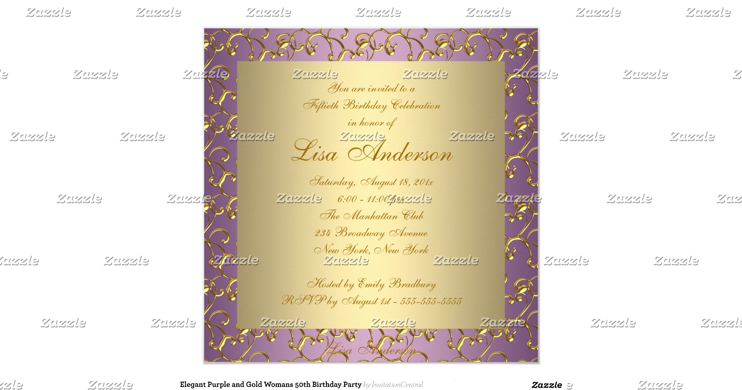 Elegant Purple And Gold Womans 50th Birthday Party Invitation