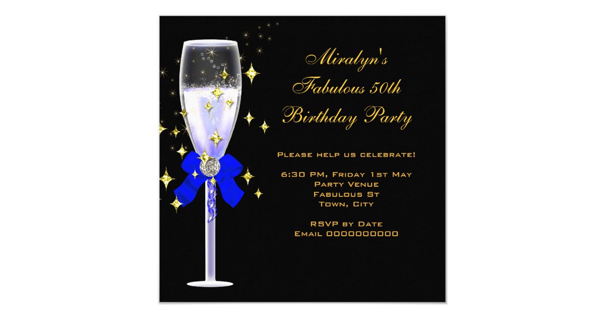 Fabulous 50 Royal Blue Black Gold Birthday Party Card Zazzle