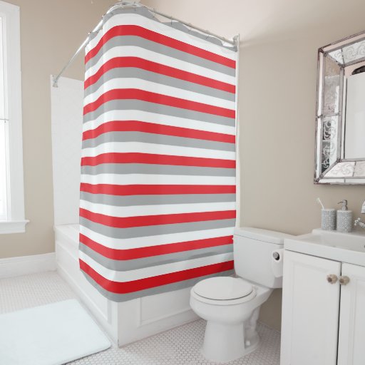 Red Grey And White Stripes Shower Curtain Zazzle