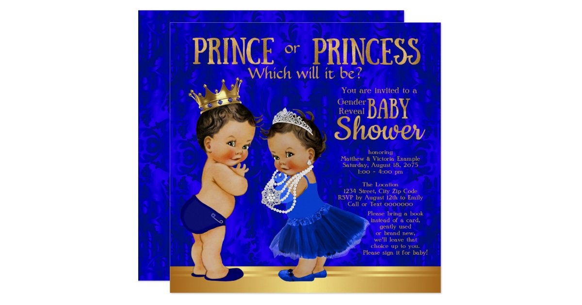 Royal Blue Gold Prince Princess Gender Reveal Card Zazzle
