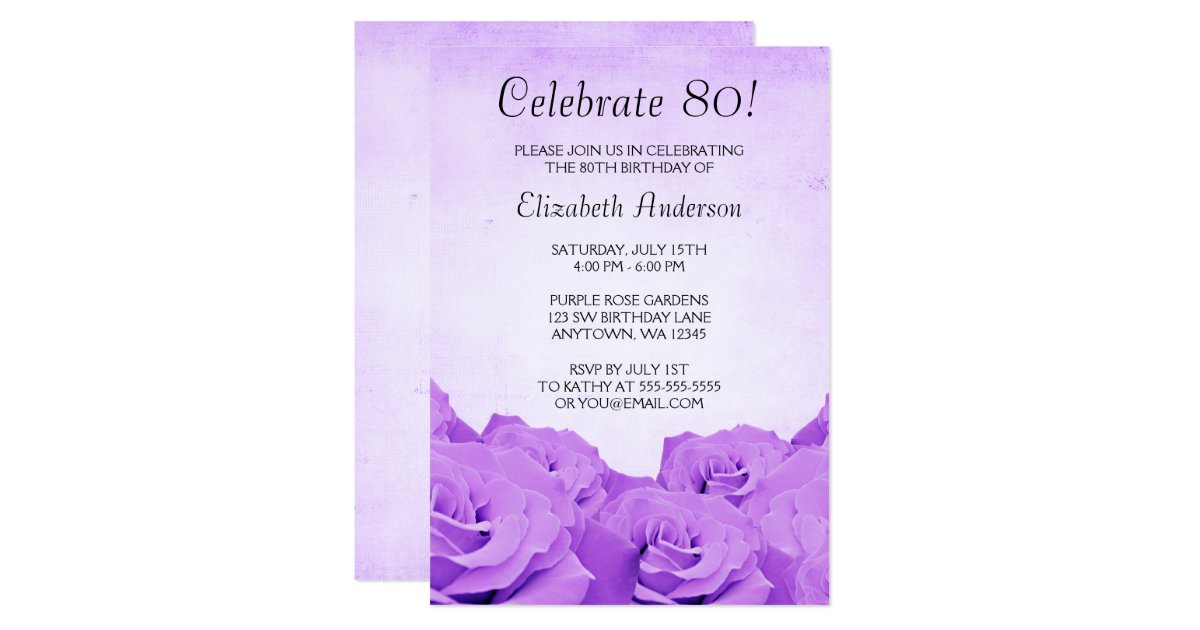 Vintage Purple Roses 80th Birthday Party Card Zazzle