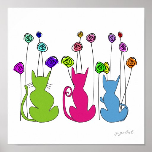 Whimsical Cats Canvas Watercolor Art Poster | Zazzle