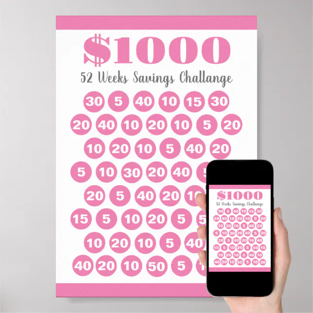 1000 Savings Challenge Pink 52 Weeks Printable Poster | Zazzle