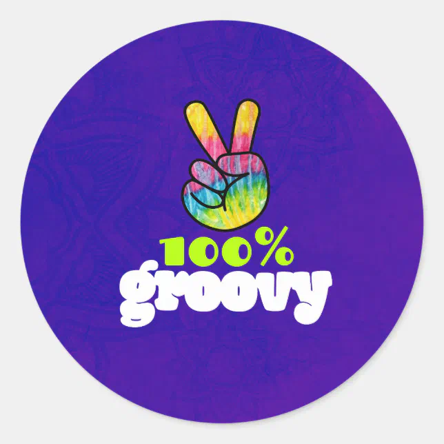 100% Groovy Rainbow with Hand Peace Sign Classic Round Sticker | Zazzle
