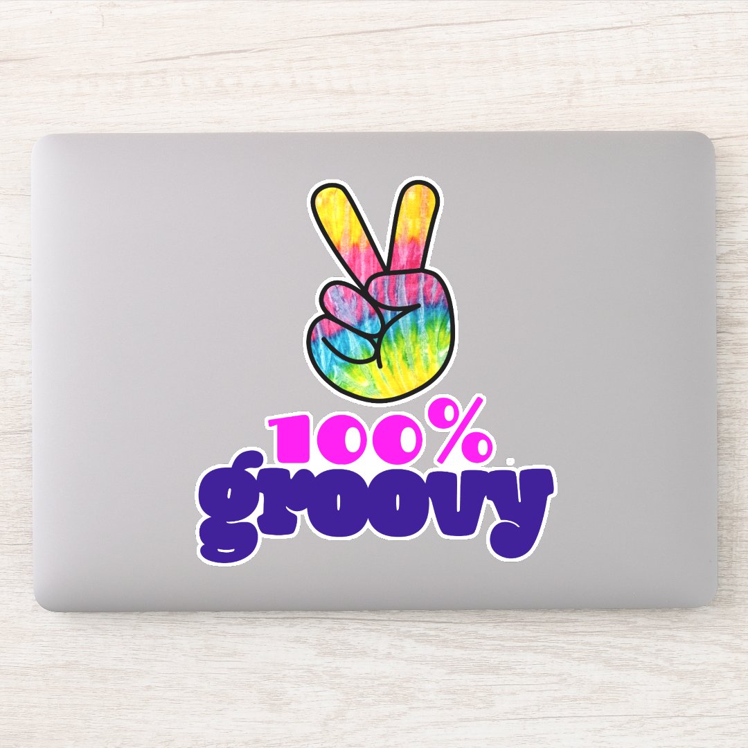 100% Groovy with Rainbow Hand Peace Sign Sticker | Zazzle