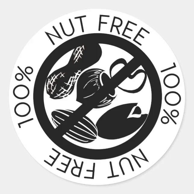 100% Nut Free No Nuts Simple Black and White Classic Round Sticker | Zazzle