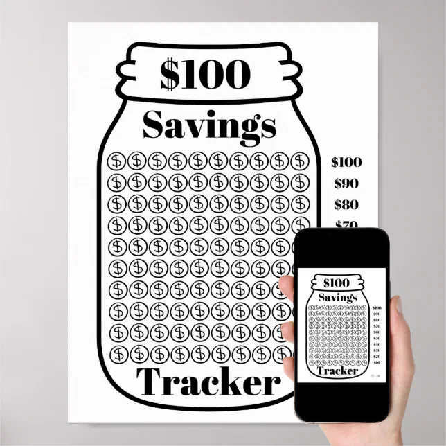 $100 Savings Tracker Mason Jar Budget Goal Sheet Poster | Zazzle