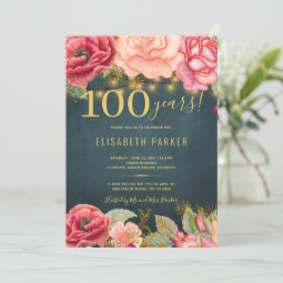 100 years floral elegant 100th birthday party invitation | Zazzle