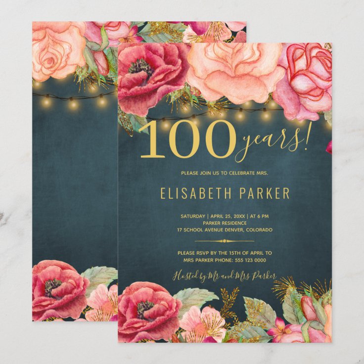 100 years floral elegant 100th birthday party invitation | Zazzle