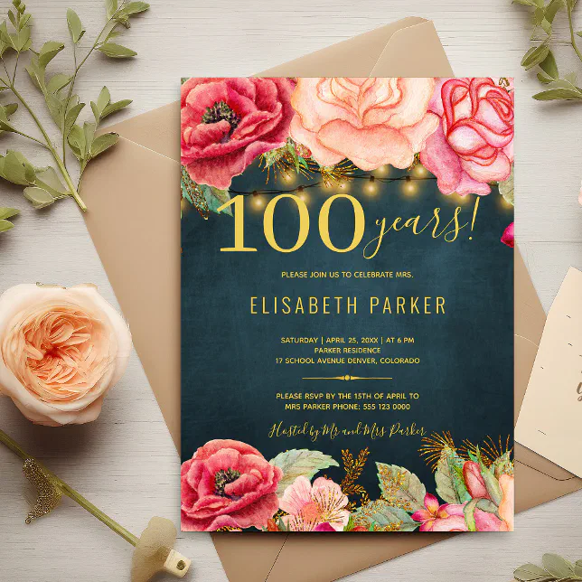 100 years floral elegant 100th birthday party invitation | Zazzle