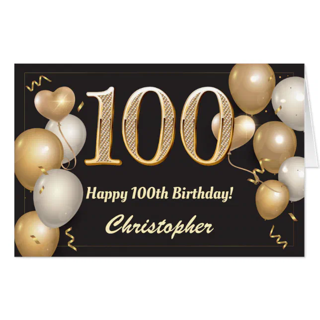 100th Birthday Black and Gold Balloons Extra Large Card | Zazzle