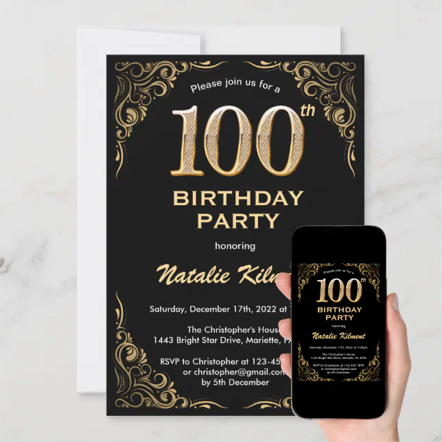 100th Birthday Black and Gold Glitter Frame Invitation | Zazzle