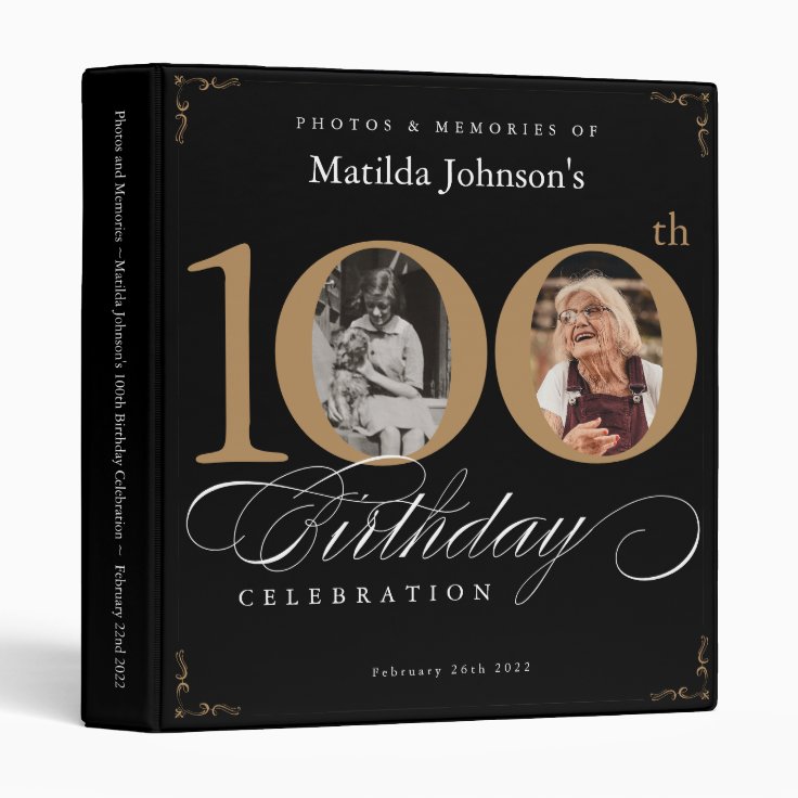 100th Birthday Black Gold Calligraphy Custom Photo 3 Ring Binder | Zazzle
