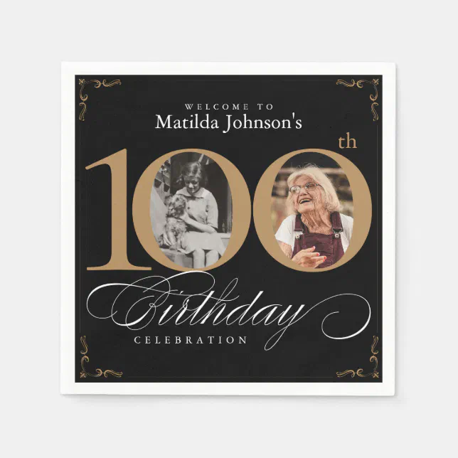 100th Birthday Black Gold Calligraphy Custom Photo Napkins | Zazzle
