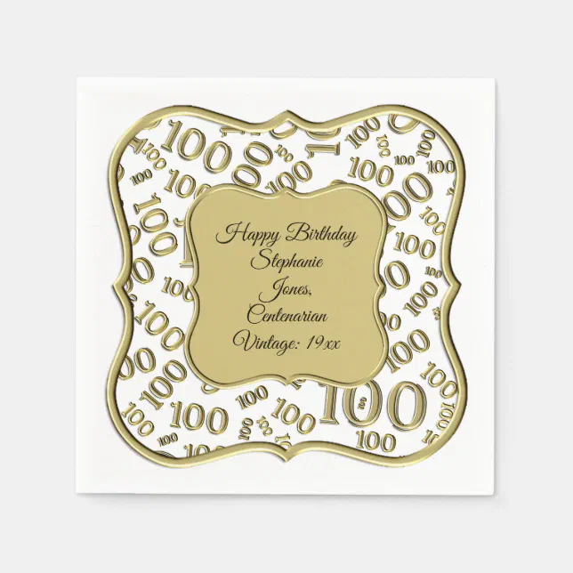 100th Birthday Centenarian Gold Number Pattern Napkins | Zazzle