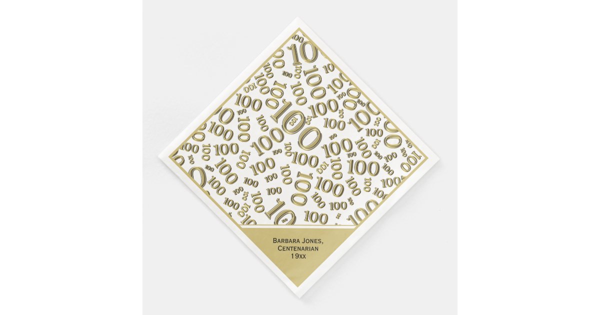 100th Birthday Centenarian Gold Number Pattern Paper Dinner Napkins ...