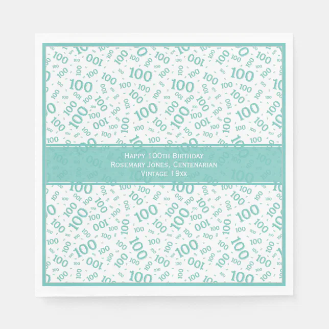100th Birthday Cool Number Pattern Teal/White Napkins | Zazzle