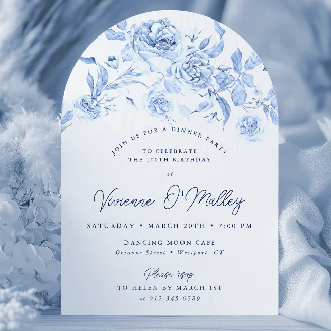 100th Birthday Dinner Party Blue Floral Arch Invitation | Zazzle