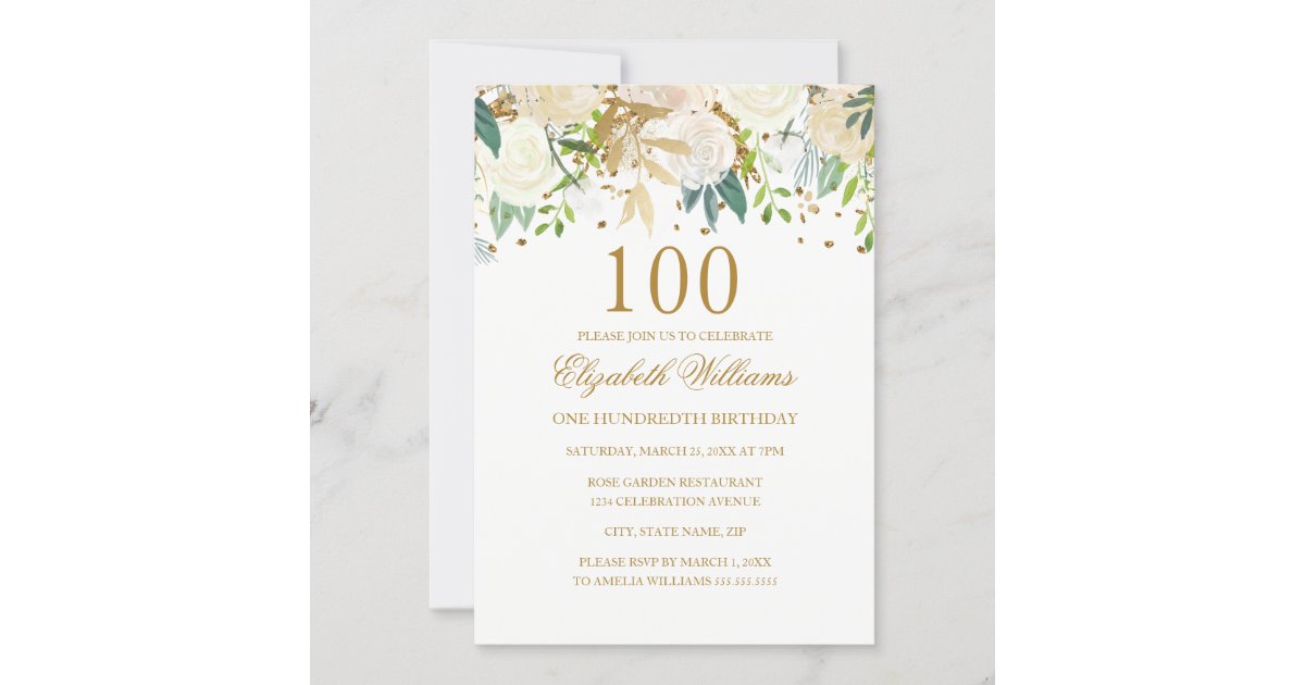 100th Birthday Elegant Gold Floral Invitation | Zazzle