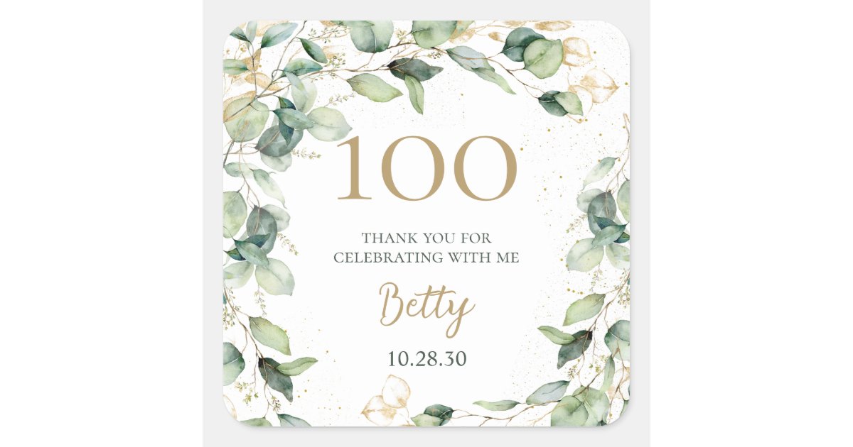100th Birthday Eucalyptus Thank You Square Sticker | Zazzle