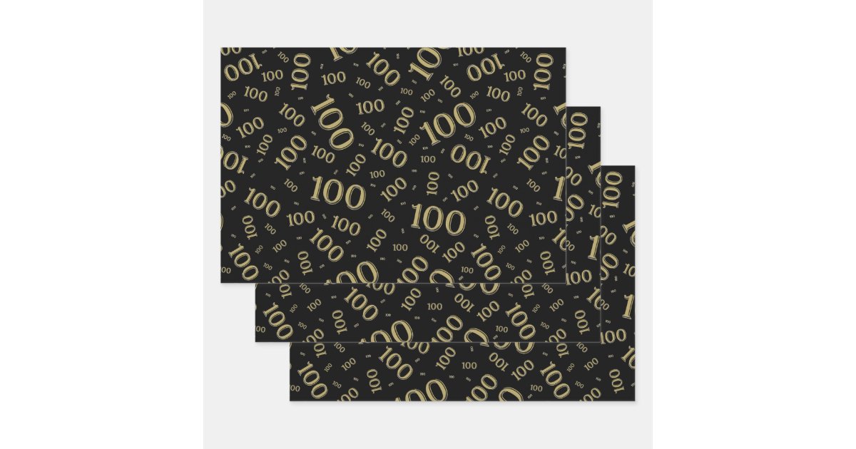 100th Birthday Gold and Black Number Pattern 100 Wrapping Paper Sheets ...