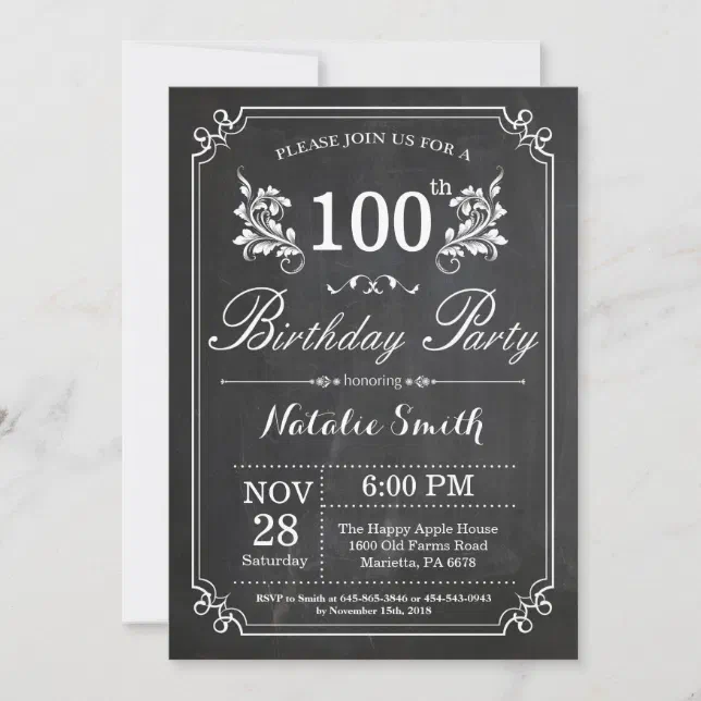 100th Birthday Invitation Floral Chalkboard | Zazzle