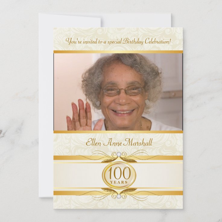 100th Birthday - Ivory Damask Photo Invitation | Zazzle