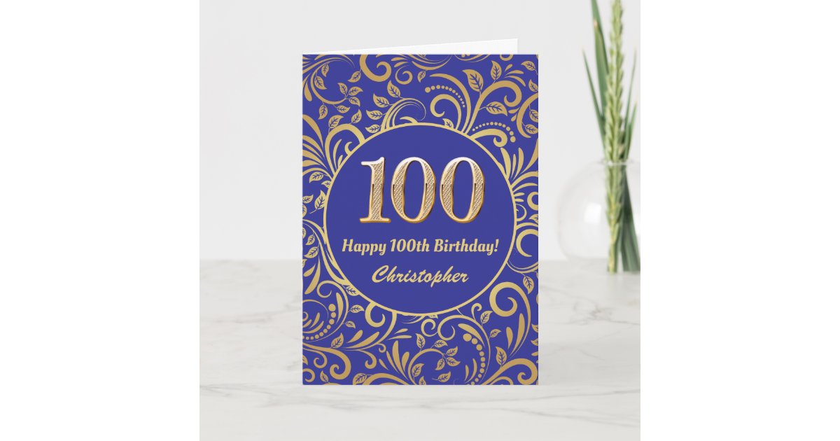 100th Birthday Navy Blue and Gold Floral Pattern Card | Zazzle