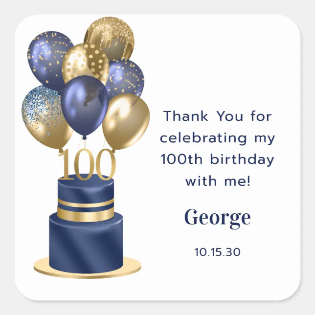 100th Birthday Navy Blue Cake Thank You Square Sticker | Zazzle