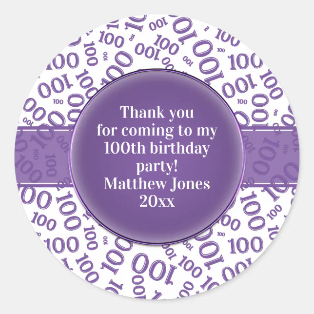 100th Birthday Number Pattern Purple/White Classic Round Sticker | Zazzle