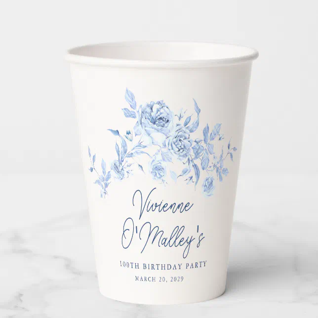 100th Birthday Party Blue Rose Floral Custom Paper Cups | Zazzle