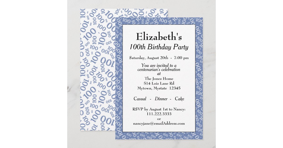 100th Birthday Party Blue/White Number Pattern Invitation | Zazzle