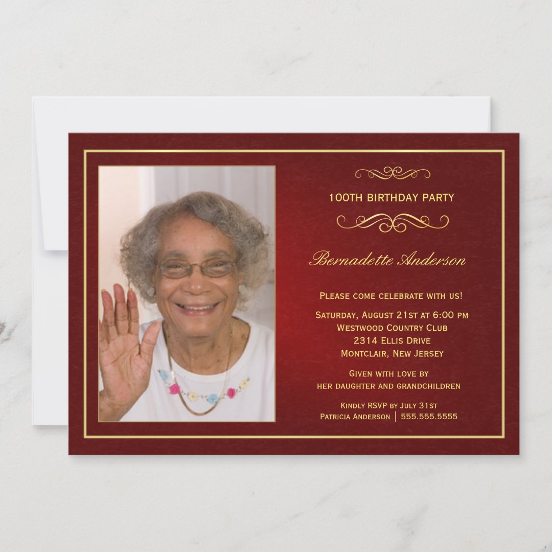 100th Birthday Party Classy Red Gold Photo Invitation | Zazzle