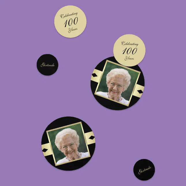 100th Birthday Party confetti with Photo in Black | Zazzle