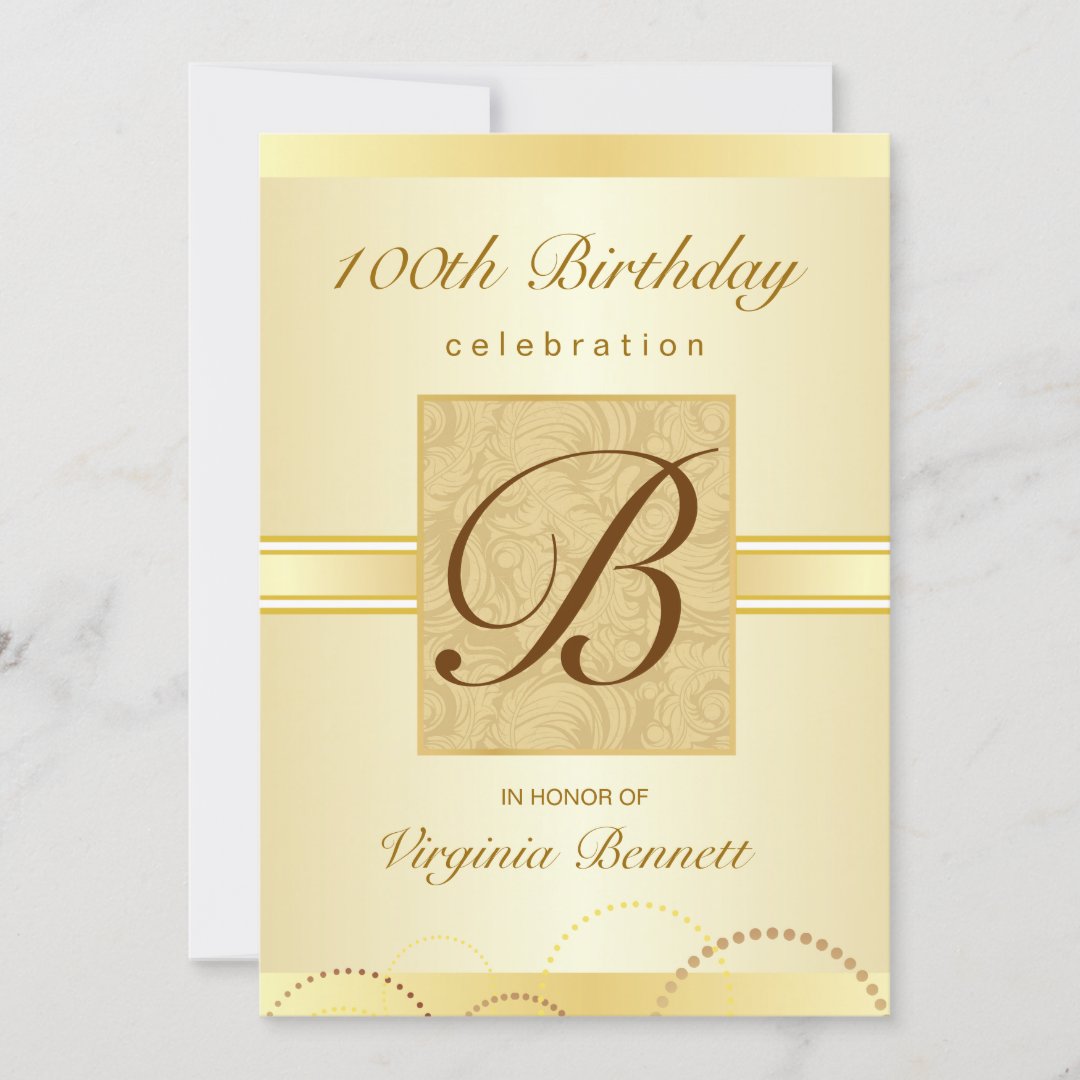 100th Birthday Party Gold Damask Monogram Invitation | Zazzle
