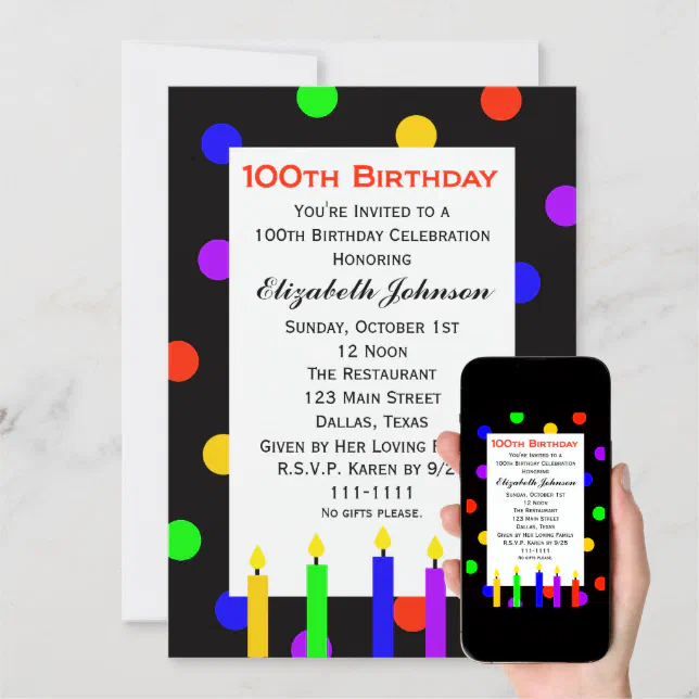 100th Birthday Party Invitation Candles & Dots | Zazzle
