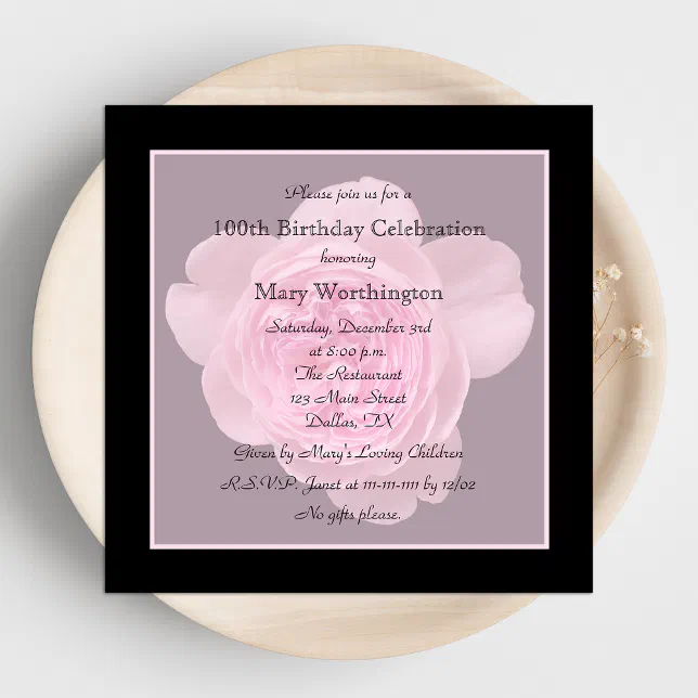 100th Birthday Party Invitation Rose for 100th | Zazzle