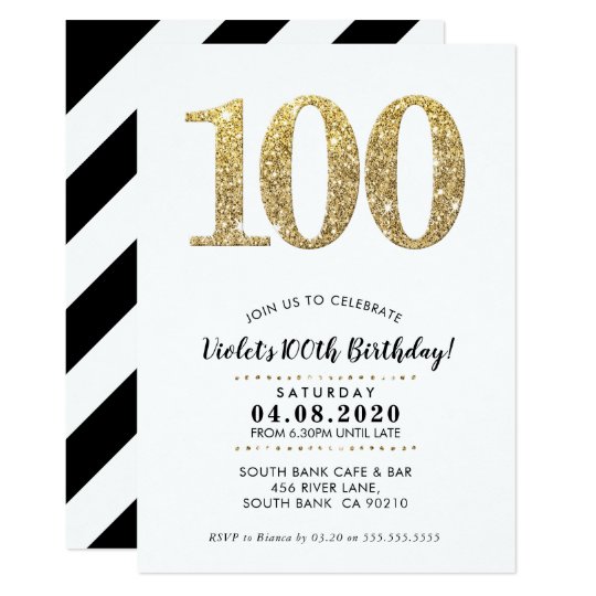 100TH BIRTHDAY PARTY INVITE modern gold glitter | Zazzle.com