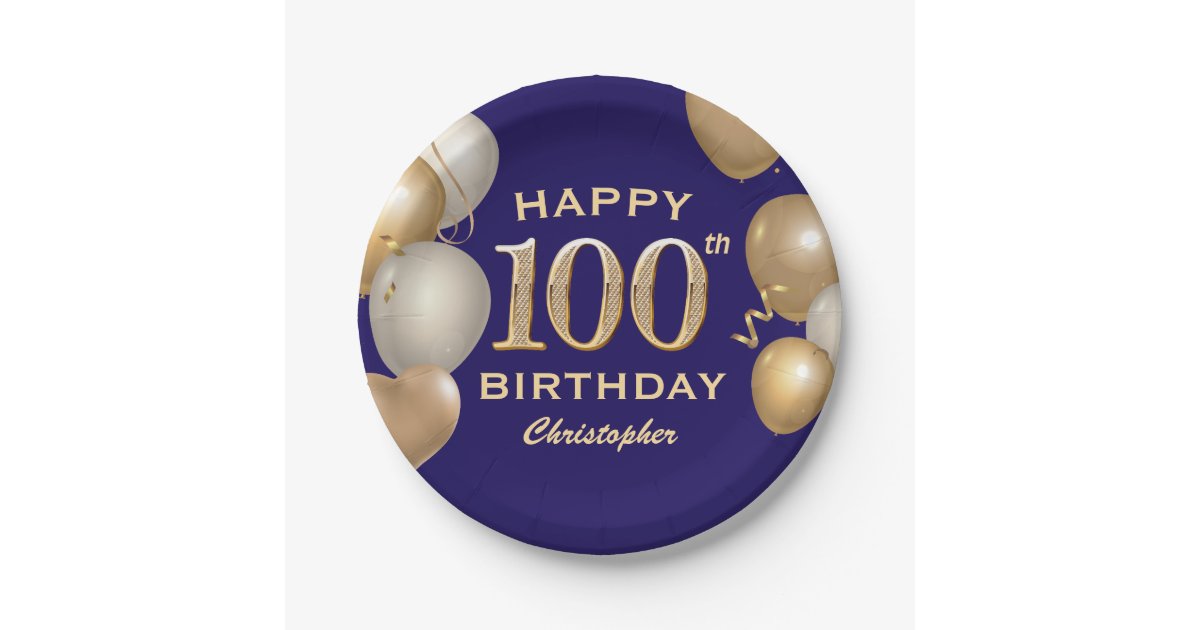 100th Birthday Party Navy Blue and Gold Balloons Paper Plates | Zazzle