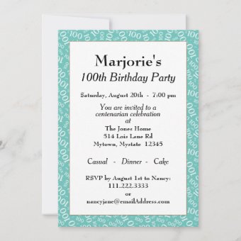 100th Birthday Party Teal/White Number Pattern Invitation | Zazzle