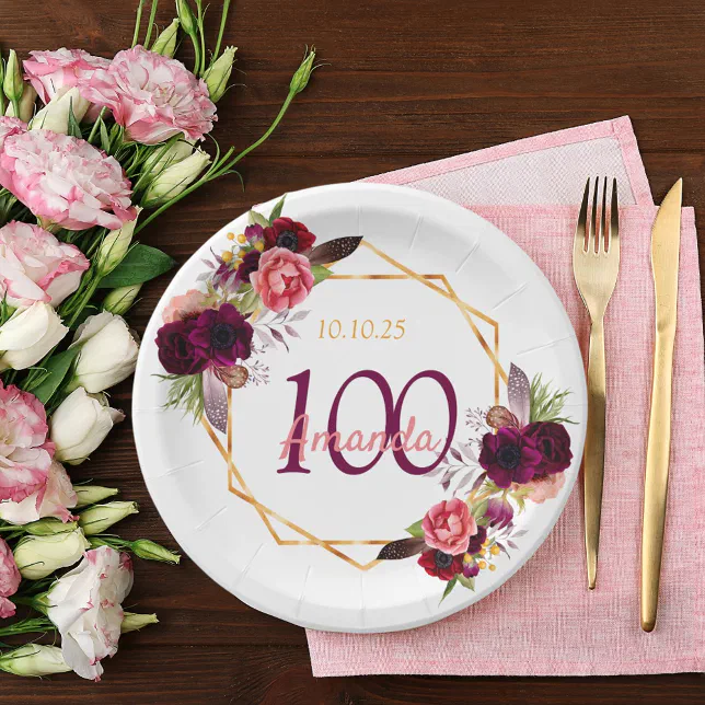 100th birthday party white geo floral burgundy paper plates | Zazzle