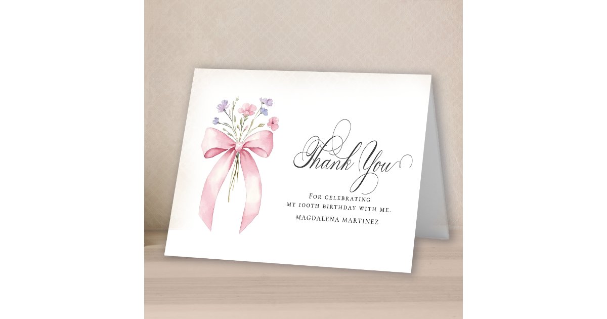 100th Birthday Photo Blush Pink Floral Folded Thank You Card | Zazzle