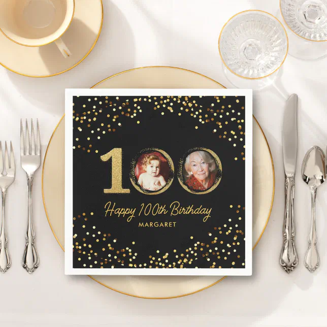 100th Birthday Photo Elegant Black Gold Glitter Napkins | Zazzle