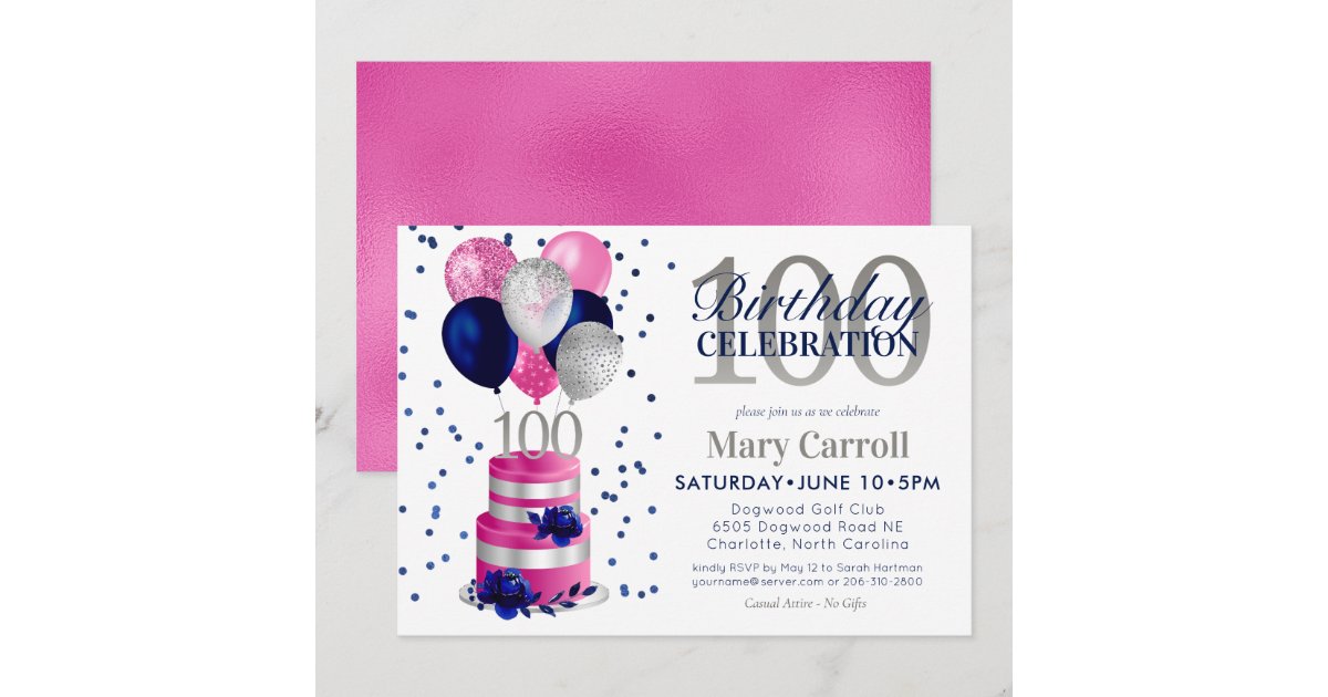 100th Birthday Pink Cake Invitation | Zazzle