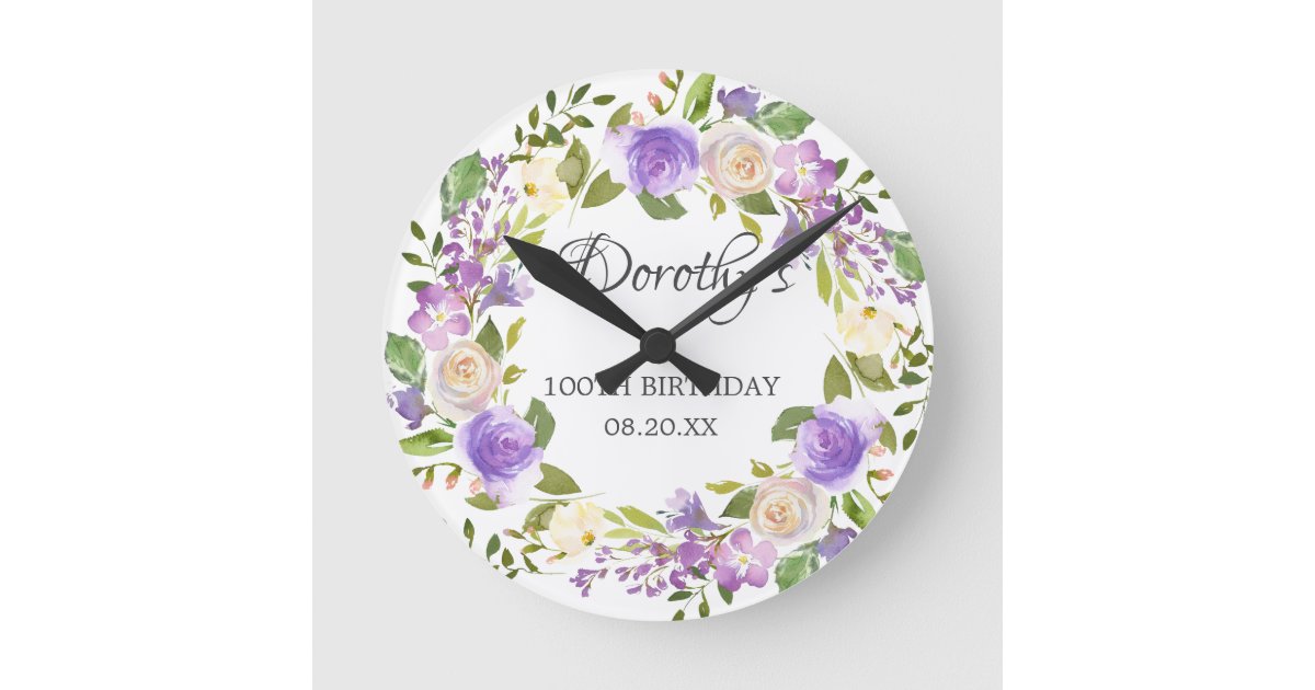 100th Birthday Purple Rose Floral Rustic Wreath Round Clock | Zazzle