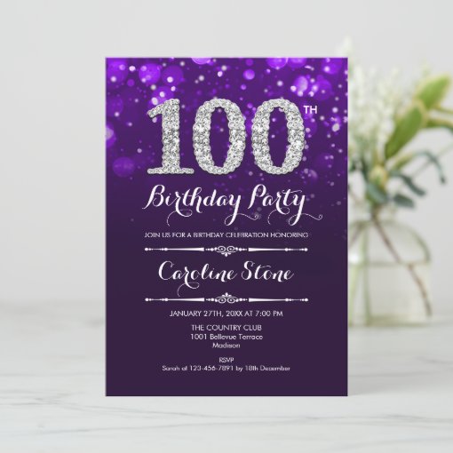 100th Birthday - Purple Silver Invitation | Zazzle