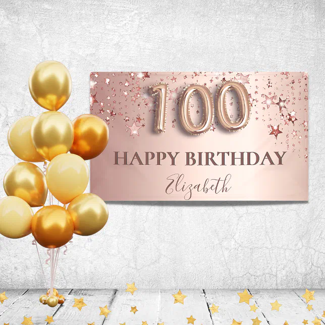 100th birthday rose gold pink stars balloon script banner | Zazzle